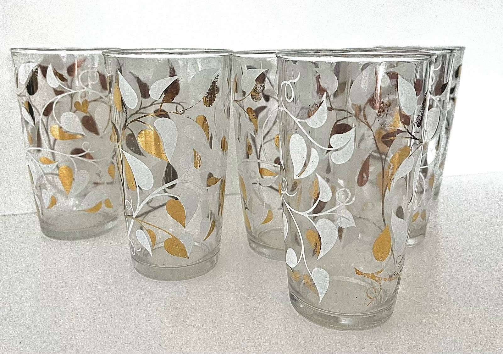 MCM Gold and White Floating Leaf Pattern Glassware Collection - Etsy