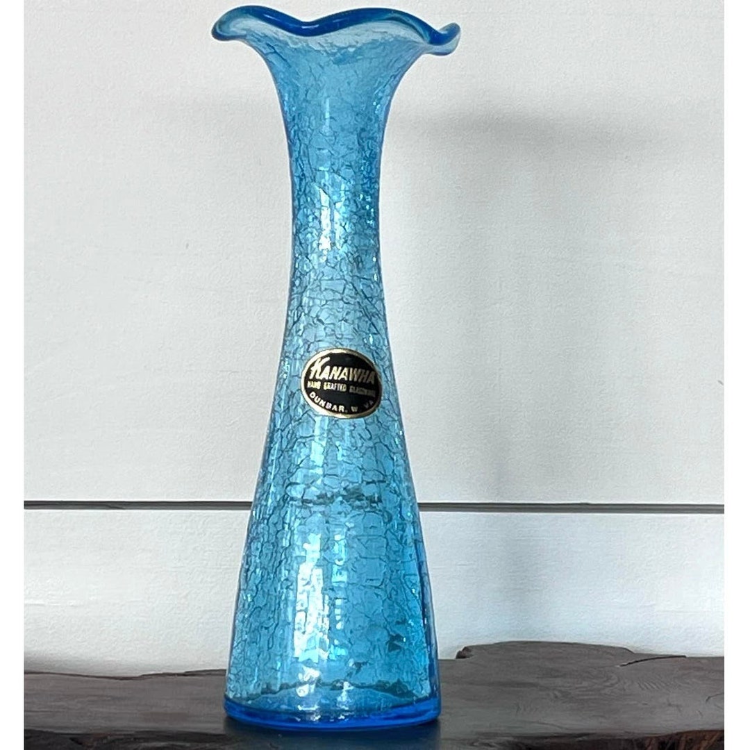 Vintage MCM Blue Crackle Glass Vase Kanawha Hand Blown Glass Small Bud ...