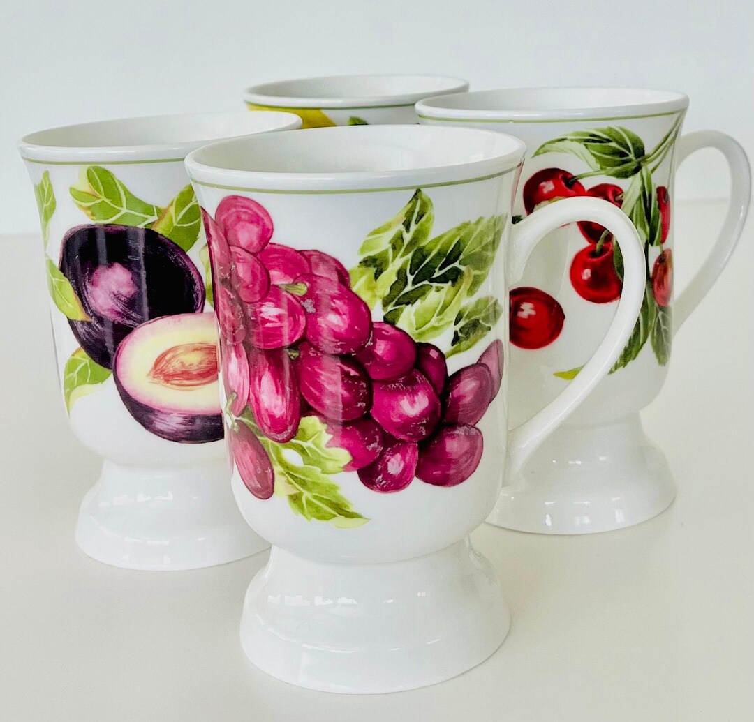 American Atelier Harvest Fruit Mugs Set of 4 Plum Lemon Cherry ...