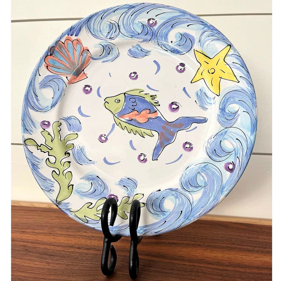 Hand Painted Pottery Plate With Fish Design - Etsy