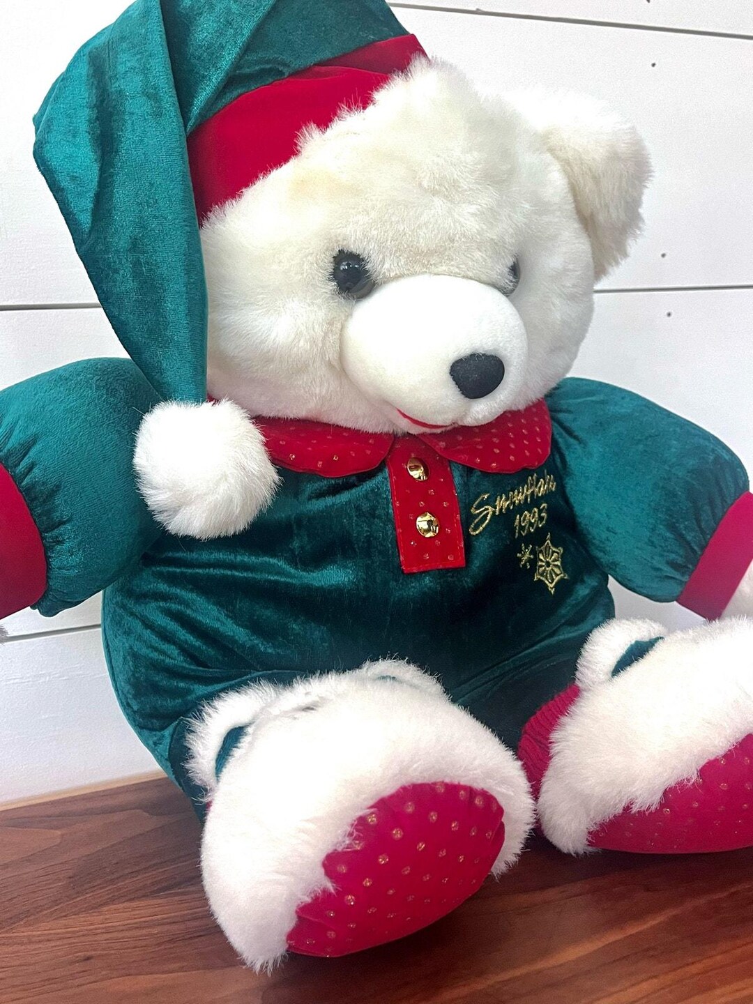 TB Trading Vintage Snowflake Teddy Bear White Green Velour Stuffed ...