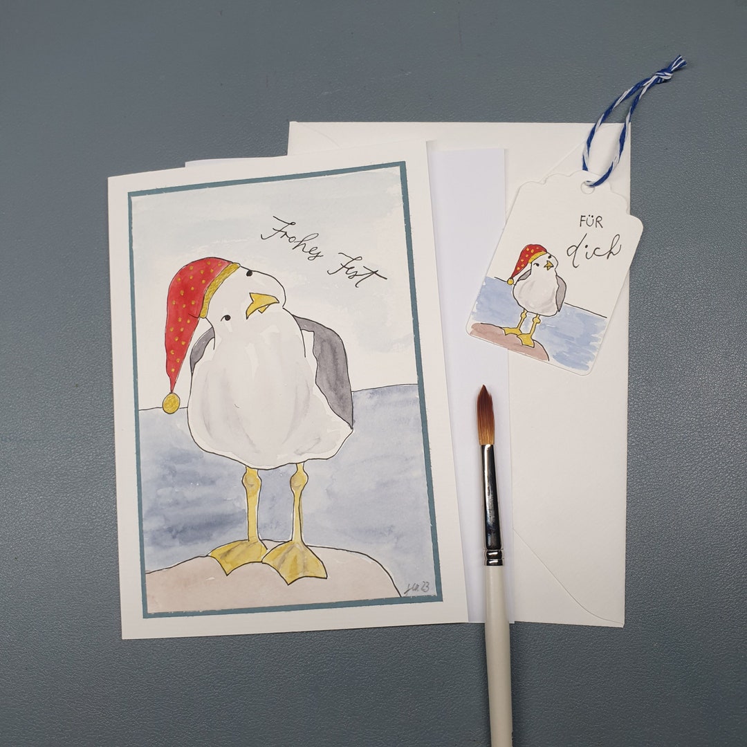 Hand-painted Christmas Card / Seagull by the Sea With Santa - Etsy