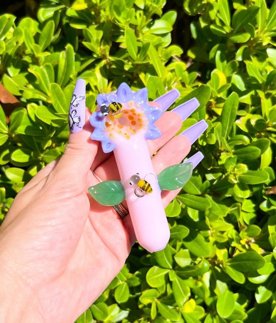 Pink Sunflower Bee Glass Pipe Flower Hand Pipe Floral Pipe Unique Pipe ...