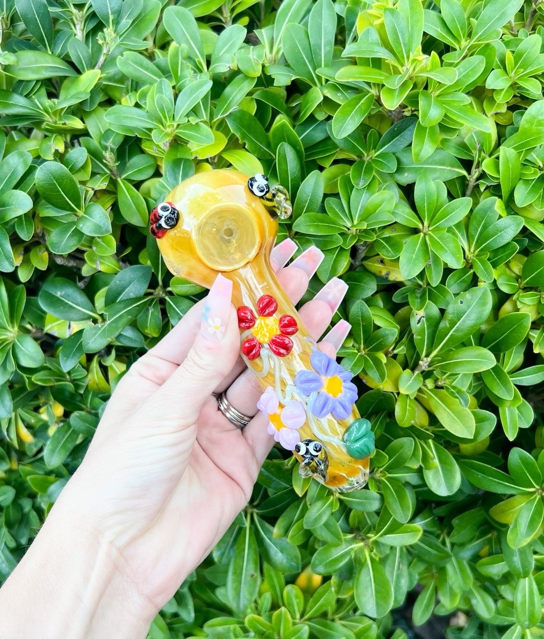 Amber Ladybugs & Bees Glass Hand Pipe Girly Pipe Cute Glass Pipe Bee ...