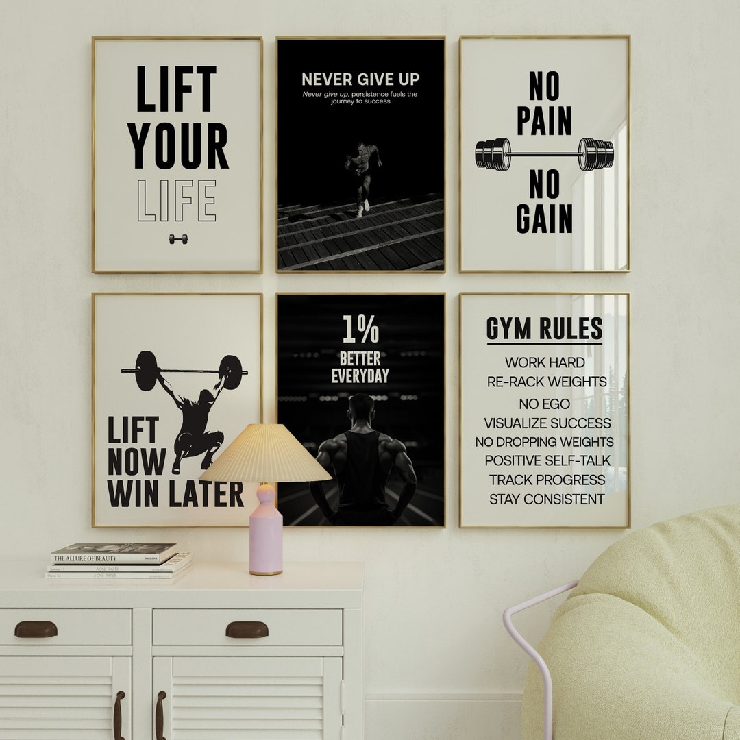 Monochrome Motivation Set of 6 Minimalist Gym Quote Posters for Fitness ...