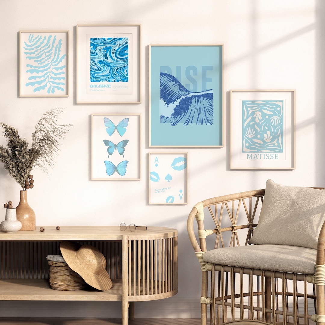 Blue Preppy Wall Art Set of 6, Preppy Dorm Decor, Blue Trendy Wall Art ...
