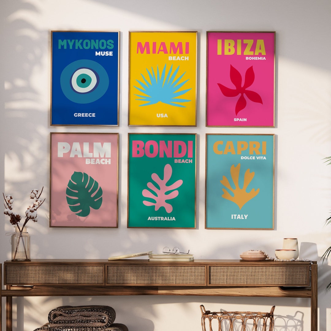 Set of 6 Travel Famous Places Prints | Ibiza Miami Mykonos Amalfi Bondi ...