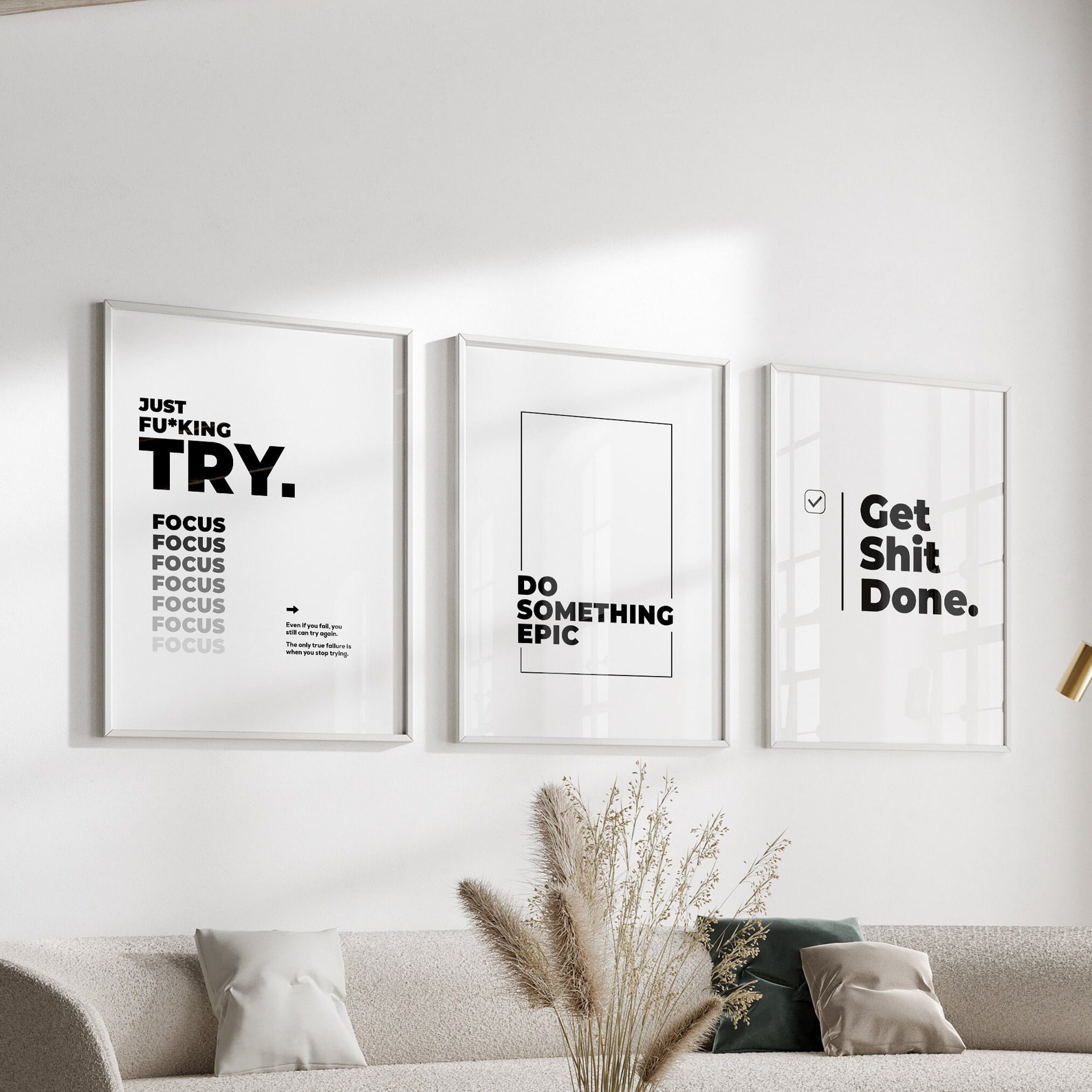 Minimalist Motivation Focus Print Set, Motivational Hard Work Office ...