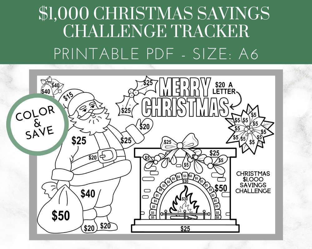 Christmas Savings Challenge Printable 1,000 Dollar Savings Challenge A6 ...