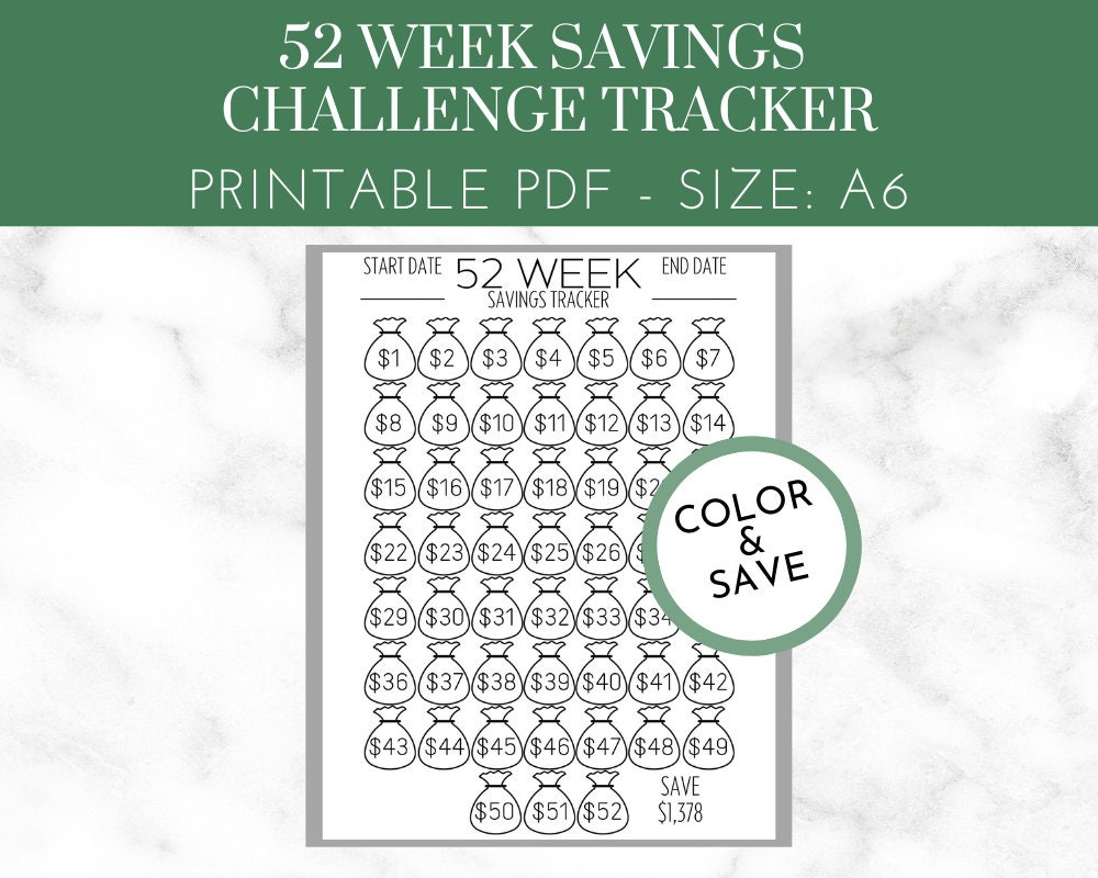 52 Week Savings Challenge Printable | Budget Savings Challenge | A6 ...