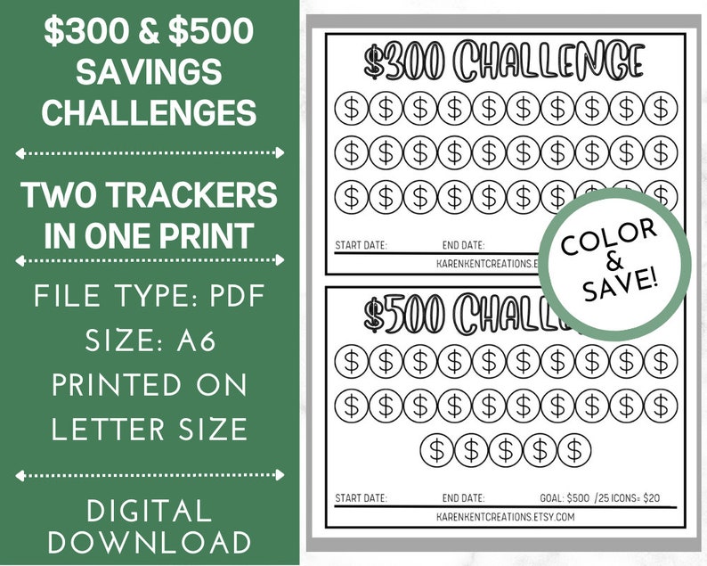 300 and 500 Savings Challenge Printable Two Savings - Etsy