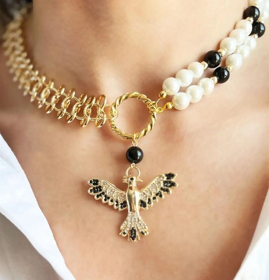 Natural Stone Phoenix Detailed Chain and Pearl Necklace | Zircon ...