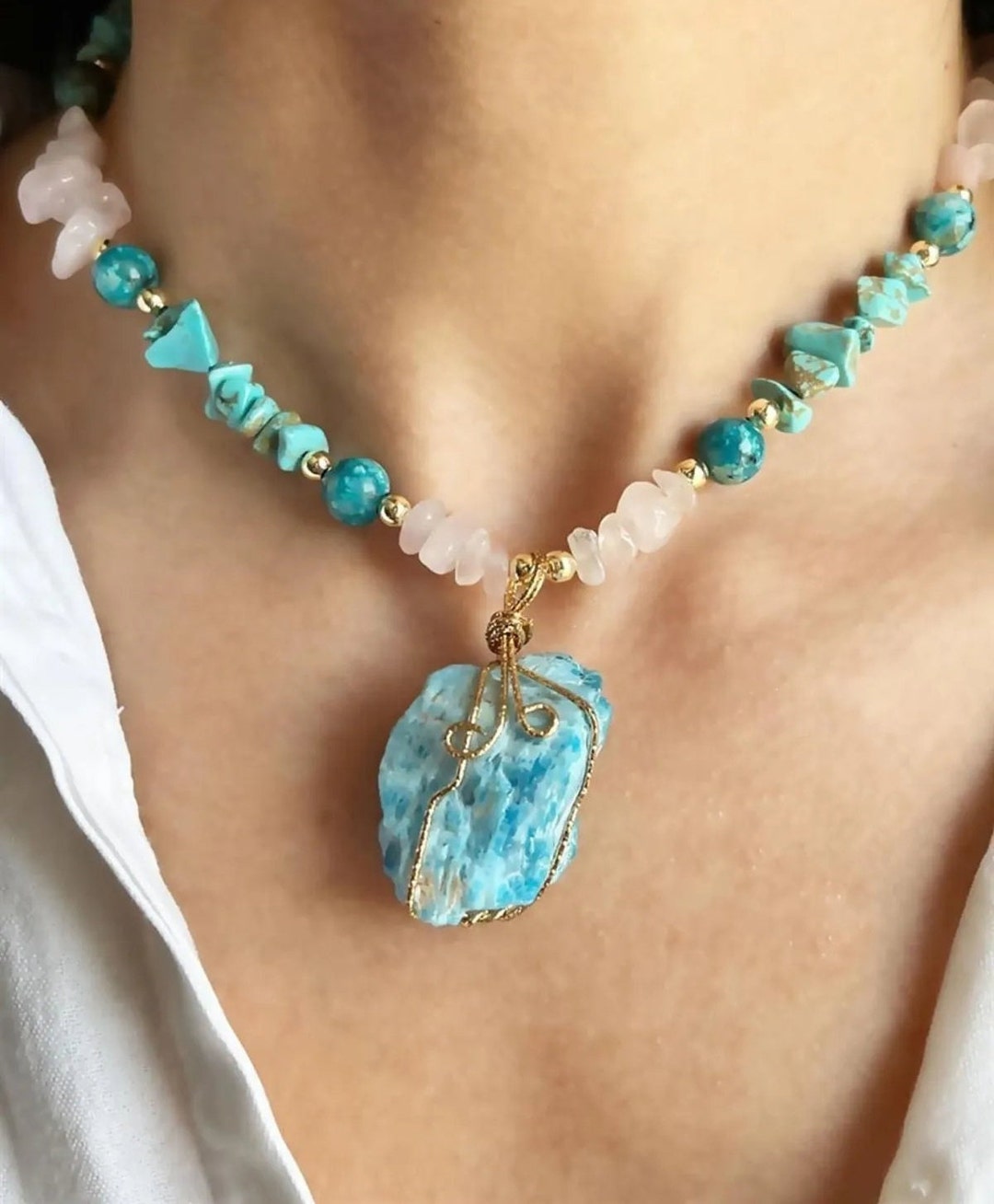 Larimar and Ceyd Sun Natural Stone Broken Stone Necklace | Handmade ...