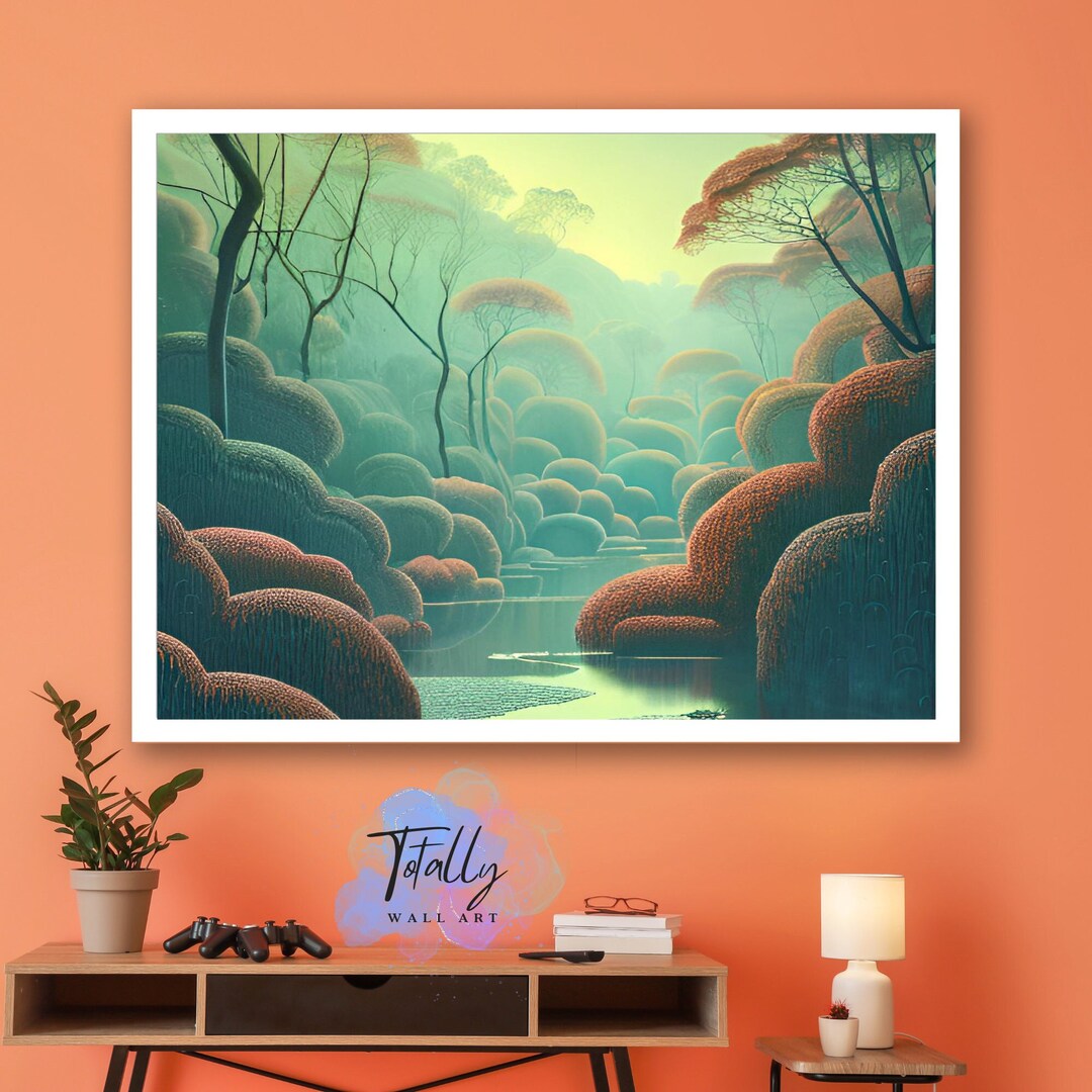 Mystical Red Forest by the River Scene - Fantasy Wall Art Print ...