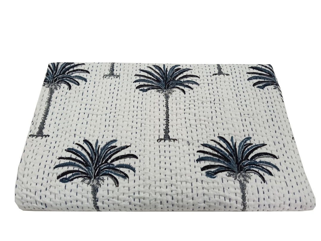 Palm Tree Kantha Quilt: Hand-stitched Indian Cotton Bedspread - Etsy