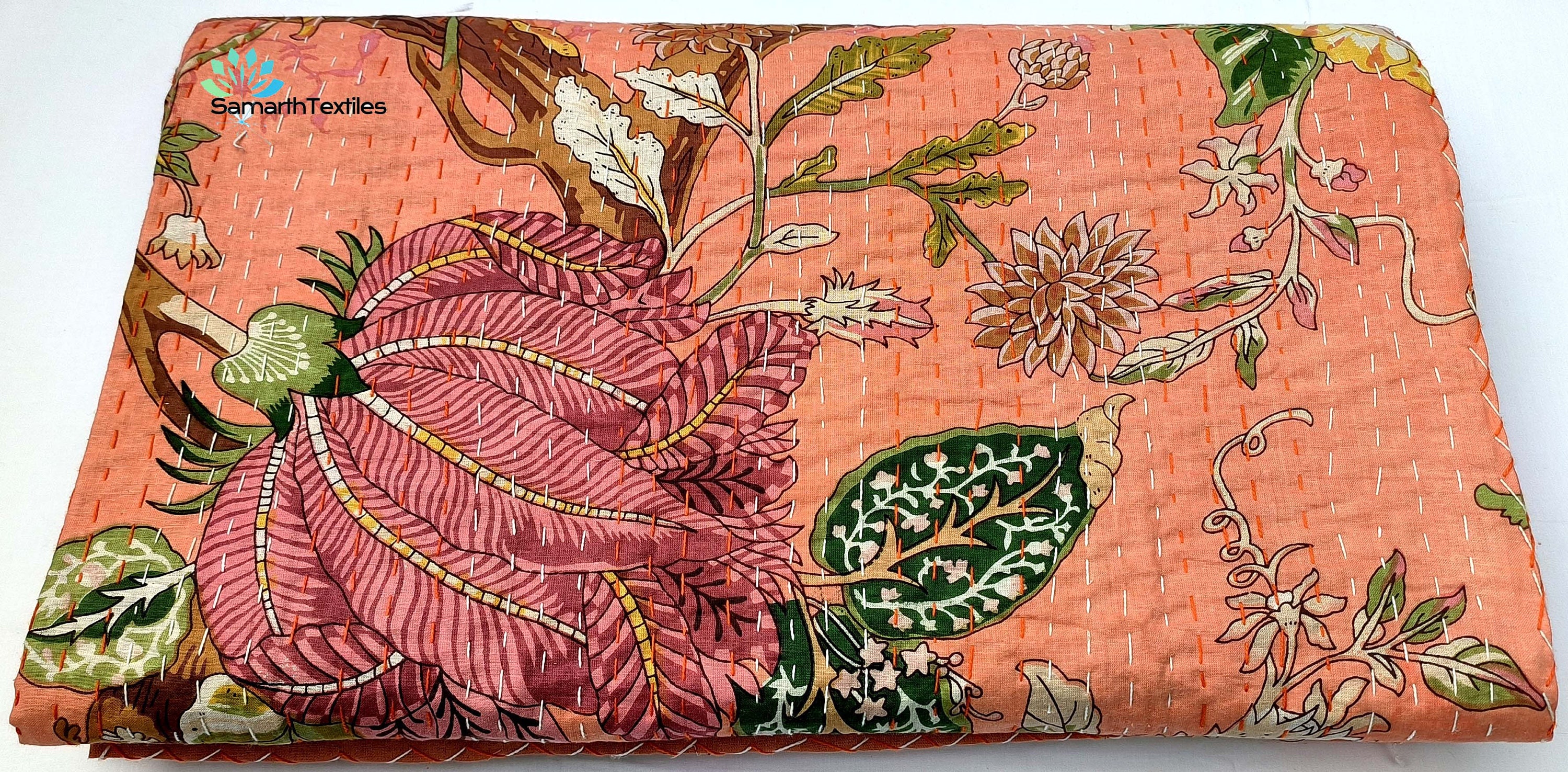 Handmade Kantha Quilt Tree Print Floral Kantha Indian Netural Colour ...
