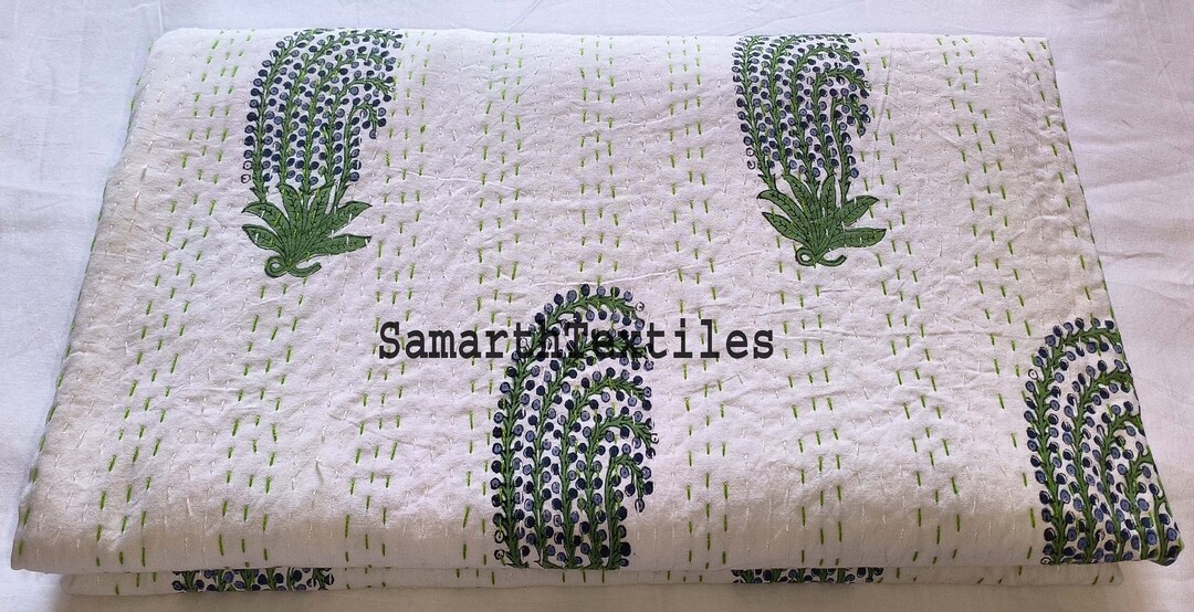 Indian Kantha Quilt Handblock Print Green Quilt Queen Green and White ...