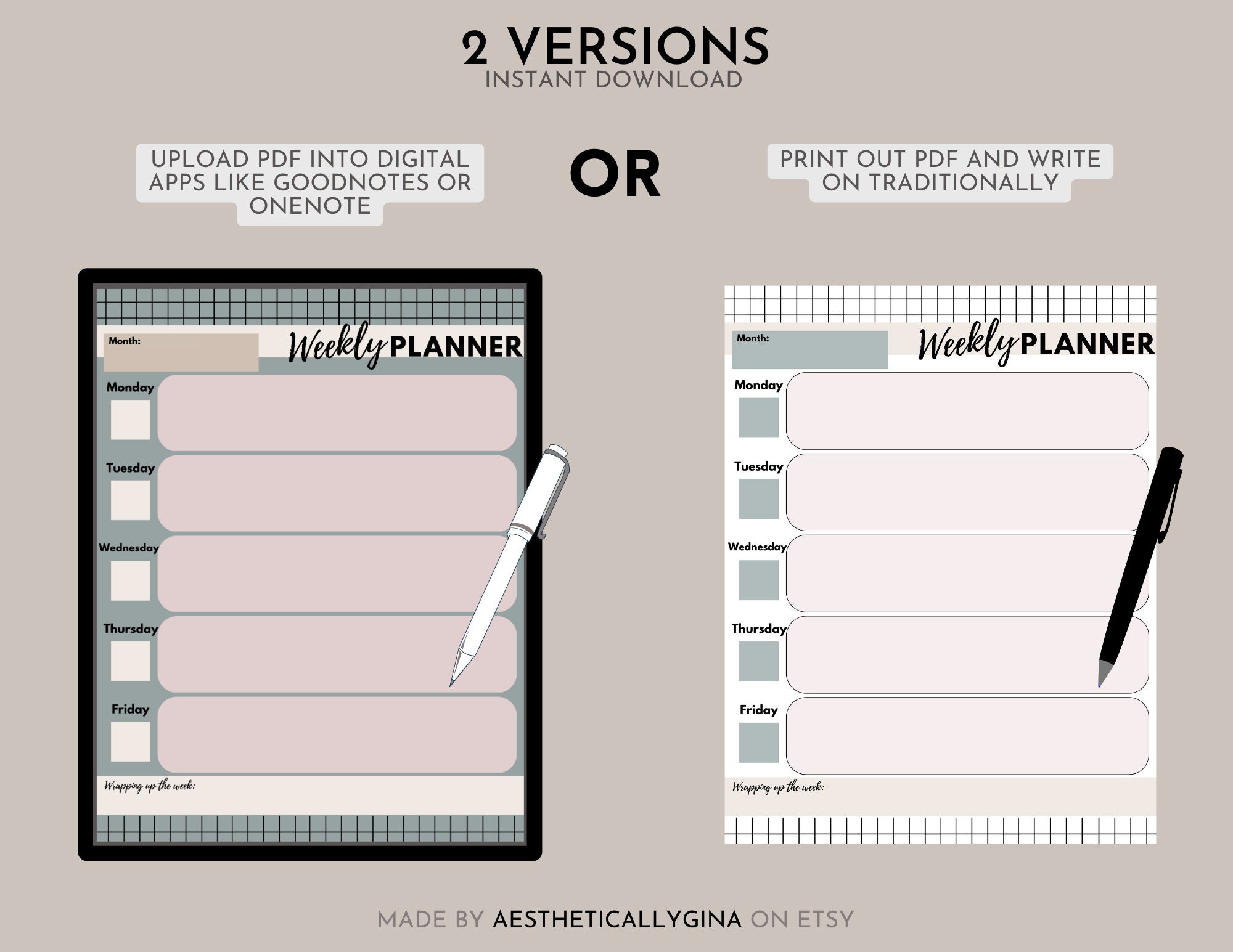 Neutral Weekly Planner | Digital & Printable | Portrait | Weekly ...
