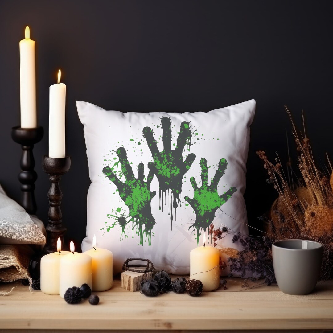 Sinister Zombie Hands Green Splatter Throw Pillow for Halloween Décor ...