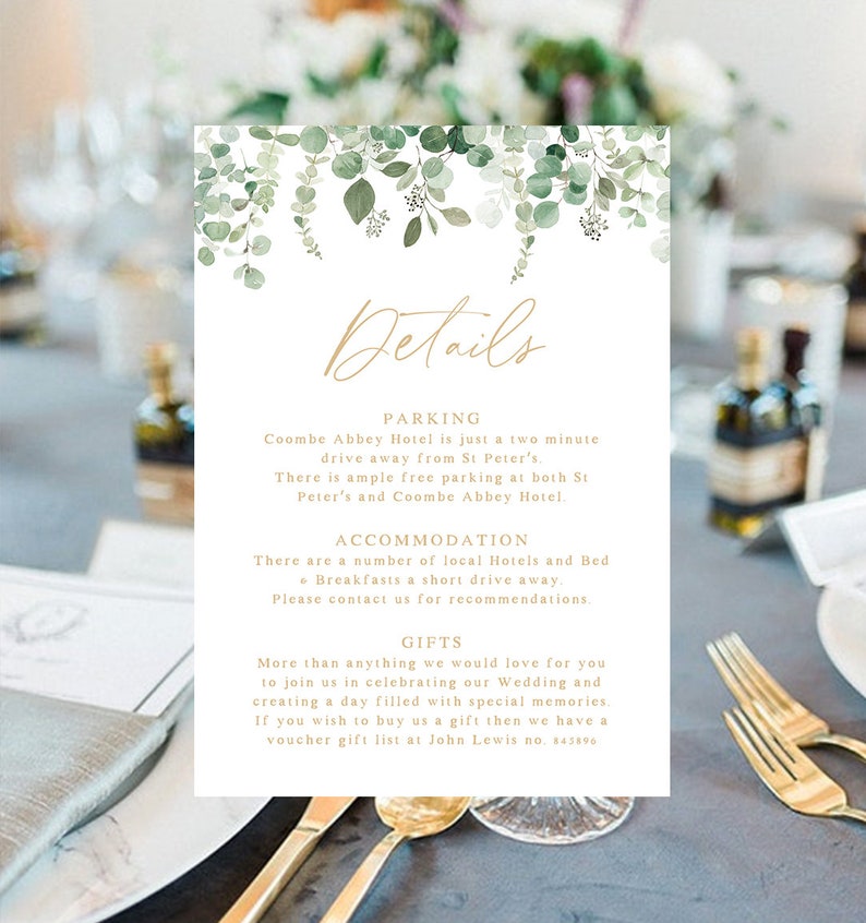 A6 Details Card for Wedding Invitation Eucalyptus Minimal Script Gold ...