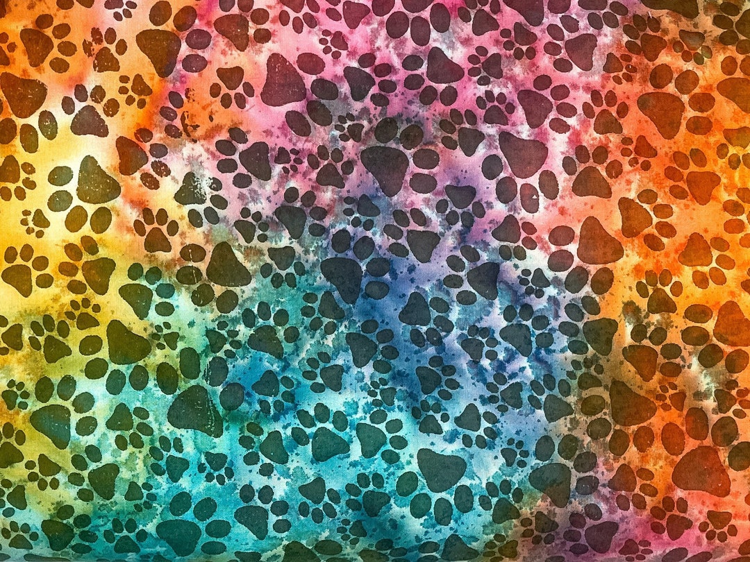 Dog Paw Print Fabric, Batik Fabric by the Yard, Rainbow Cotton Material ...