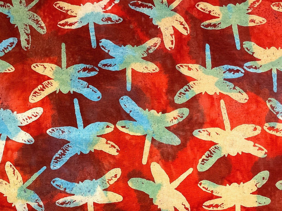 Dragonfly Batik Cotton Fabric, Red Batik Fabric by the Yard, Batik ...