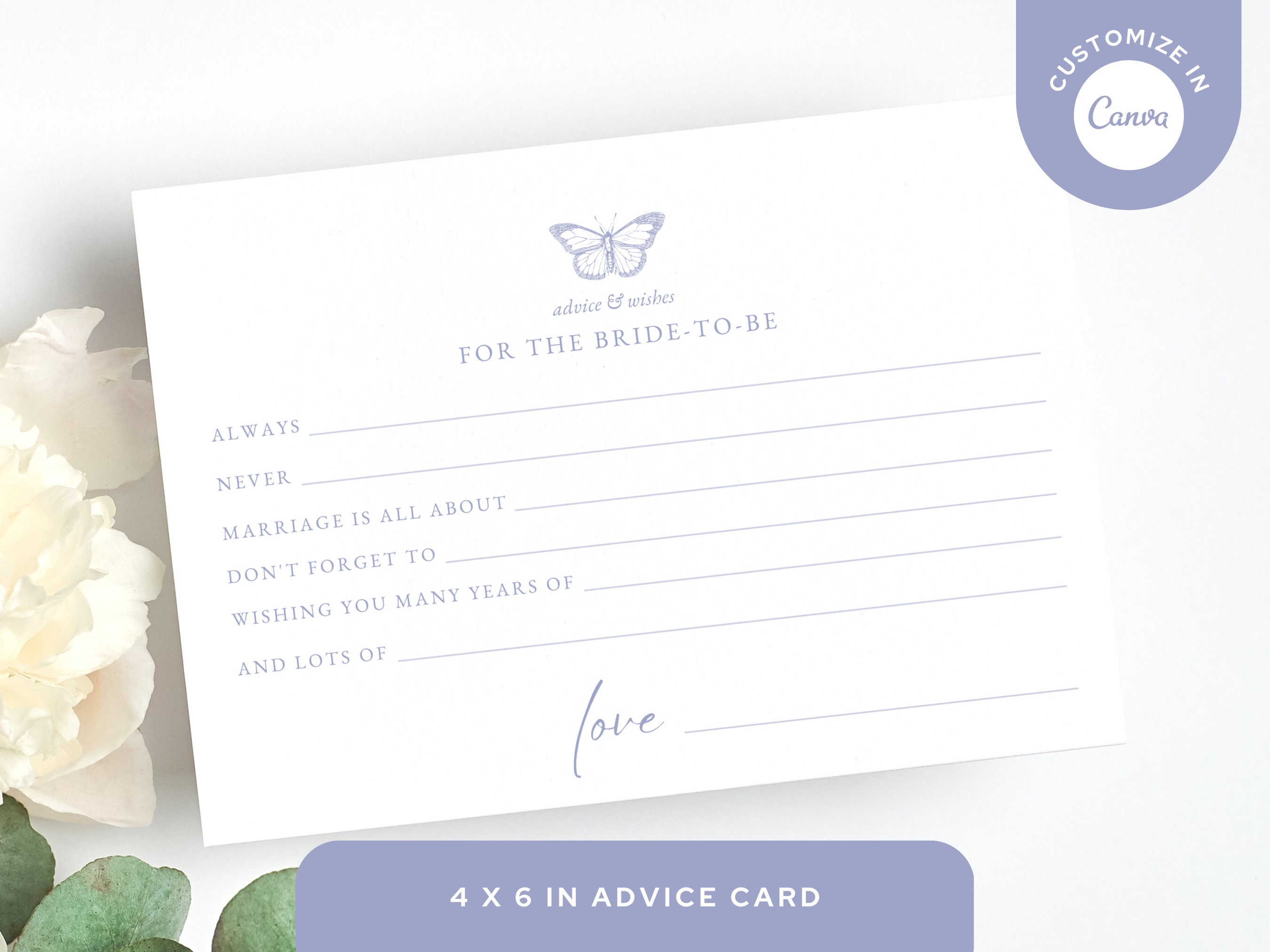 Butterfly Bridal Shower Advice Card, Couples Advice Card, 4 X 6 Inch ...