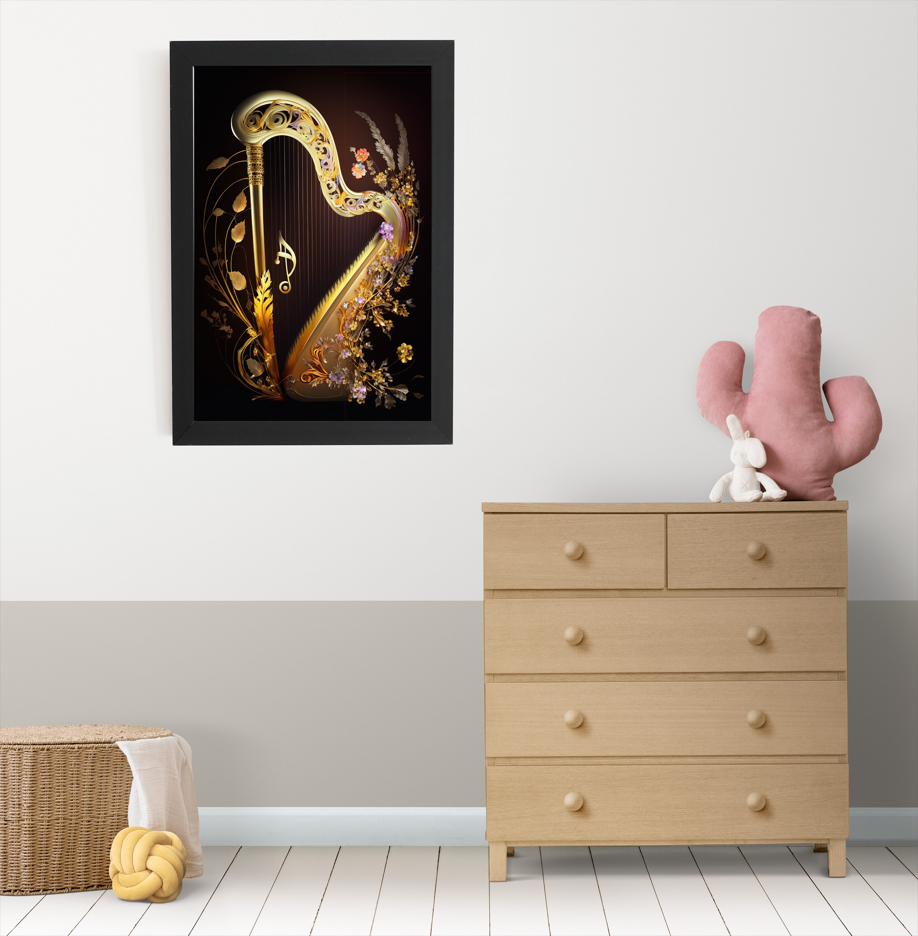 Wall Art Gift Decor Original Harp Music Notes Gold Strings Wall Print ...