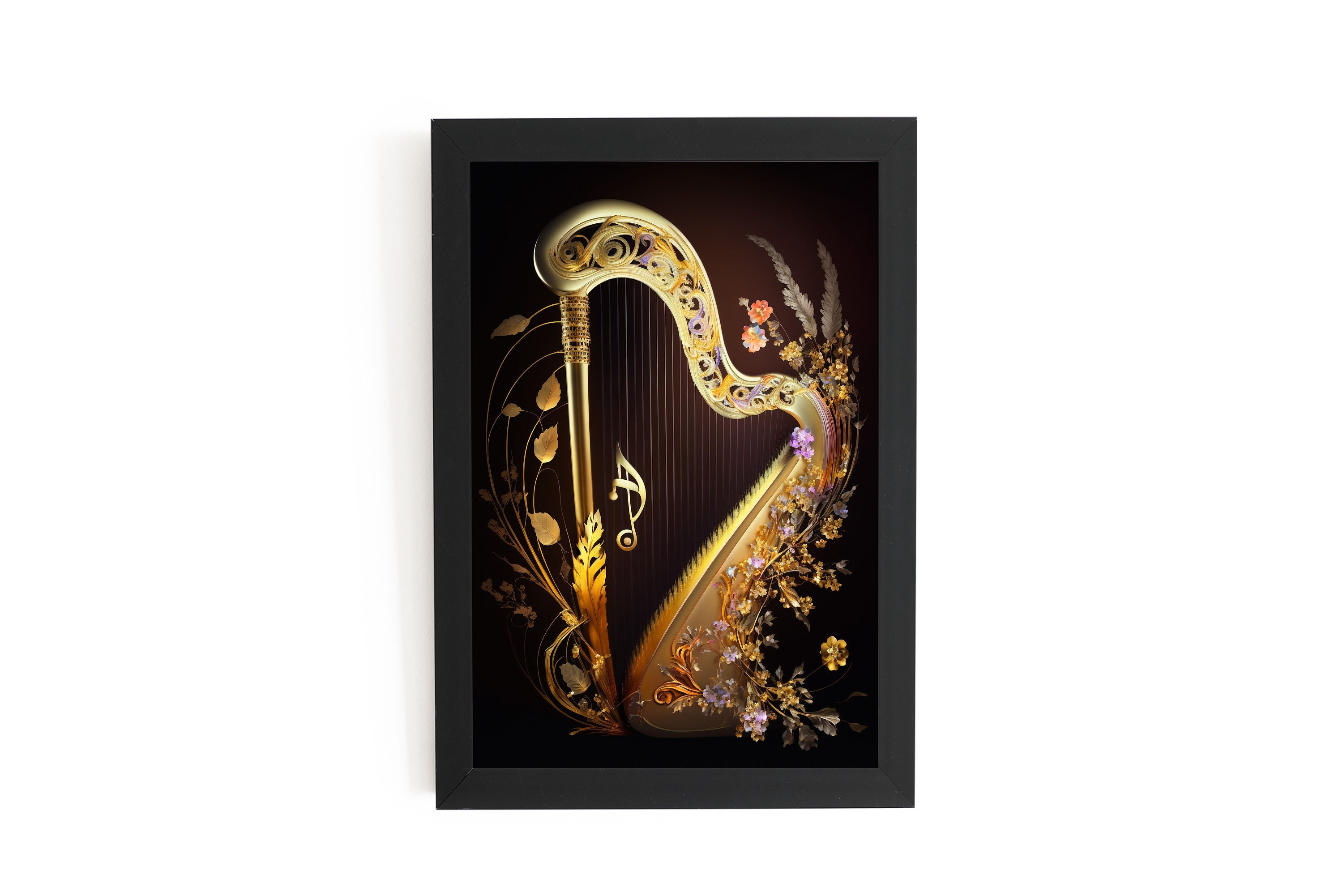 Wall Art Gift Decor Original Harp Music Notes Gold Strings Wall Print ...