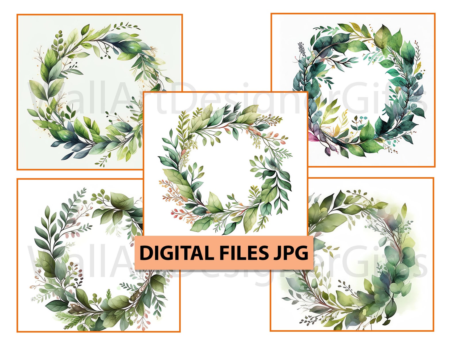Greenery Floral Wreath Clipart 20 Watercolor Flowers JPG Bundle, Full ...
