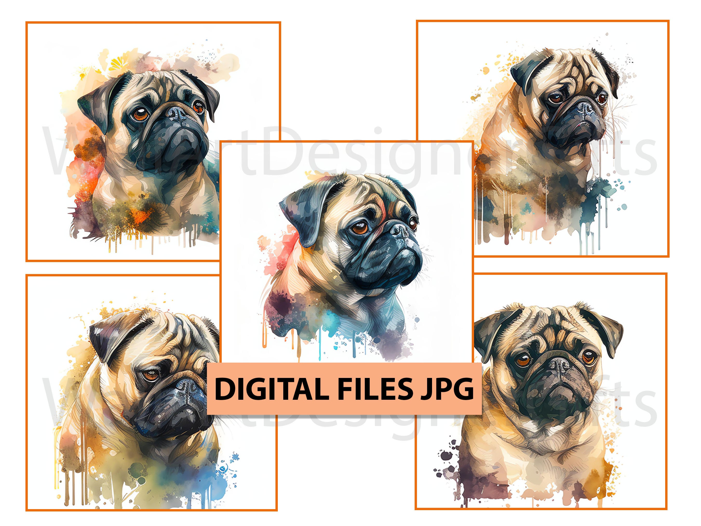 20 Grumpy Pug Clipart JPG Bundle, Full Commercial Use, Cute Baby Shower ...