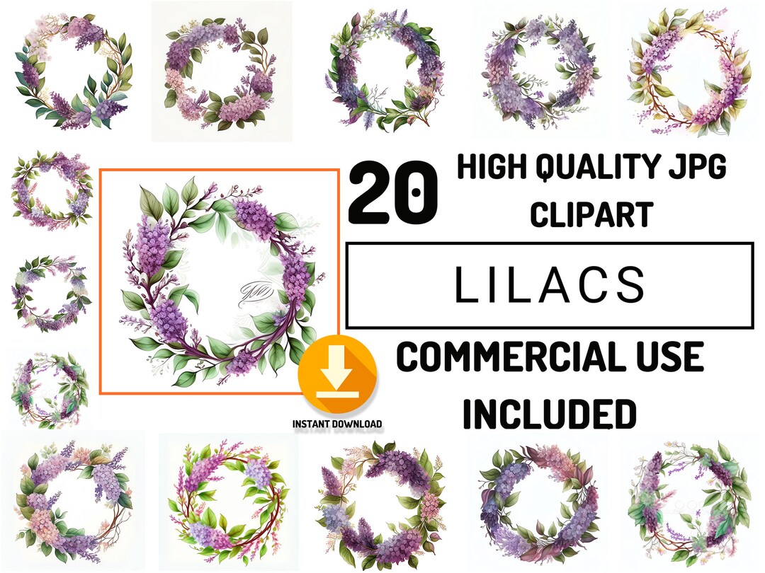 Lilacs Floral Wreath Clipart 20 Watercolor Flowers JPG Bundle, Full ...