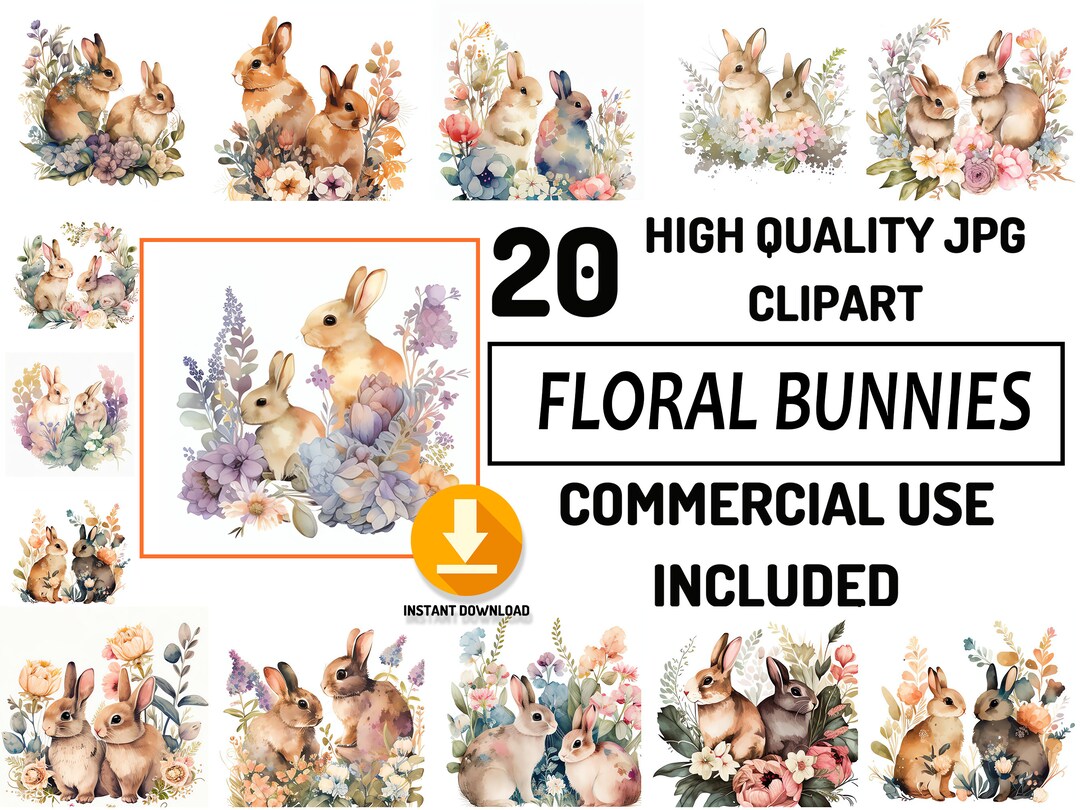 20 Floral Bunnies Clipart JPG Bundle, Full Commercial Use, Cute Baby ...