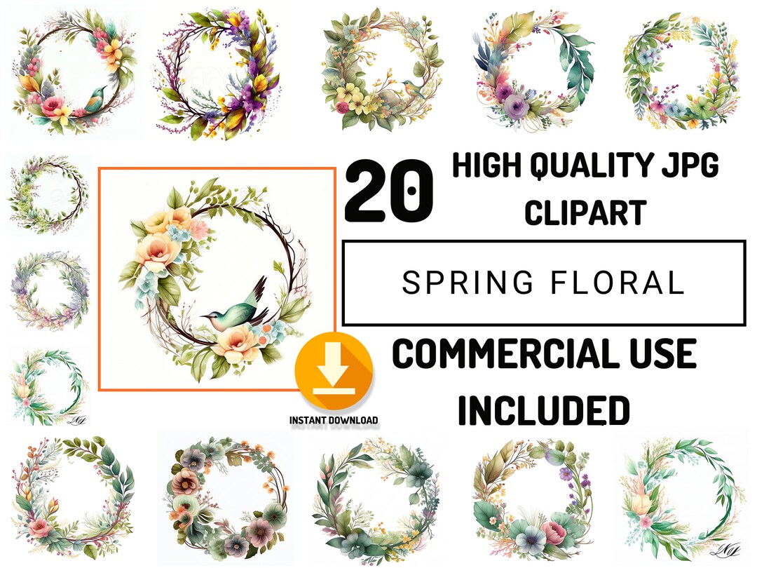 Spring Floral Wreath Clipart 20 Watercolor Flowers JPG Bundle, Full ...