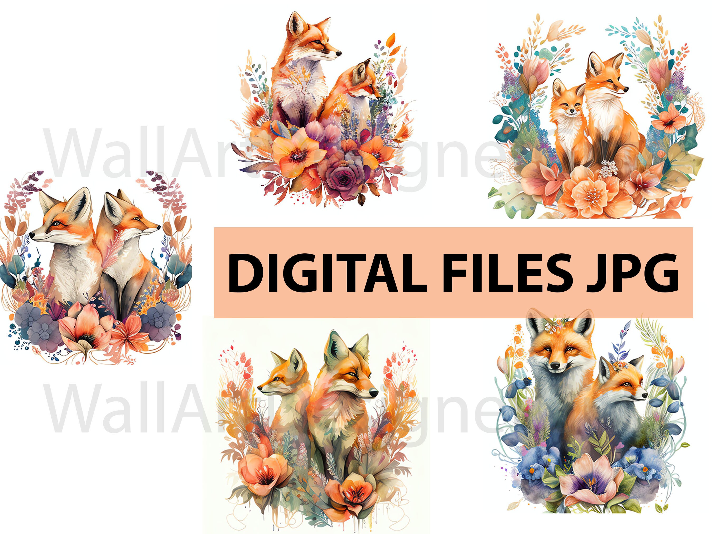20 Floral Foxes Clipart JPG Bundle, Full Commercial Use, Cute Baby ...