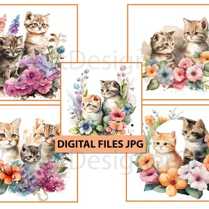 20 Kittens Flowers Clipart JPG Bundle, Full Commercial Use, Cute Baby ...