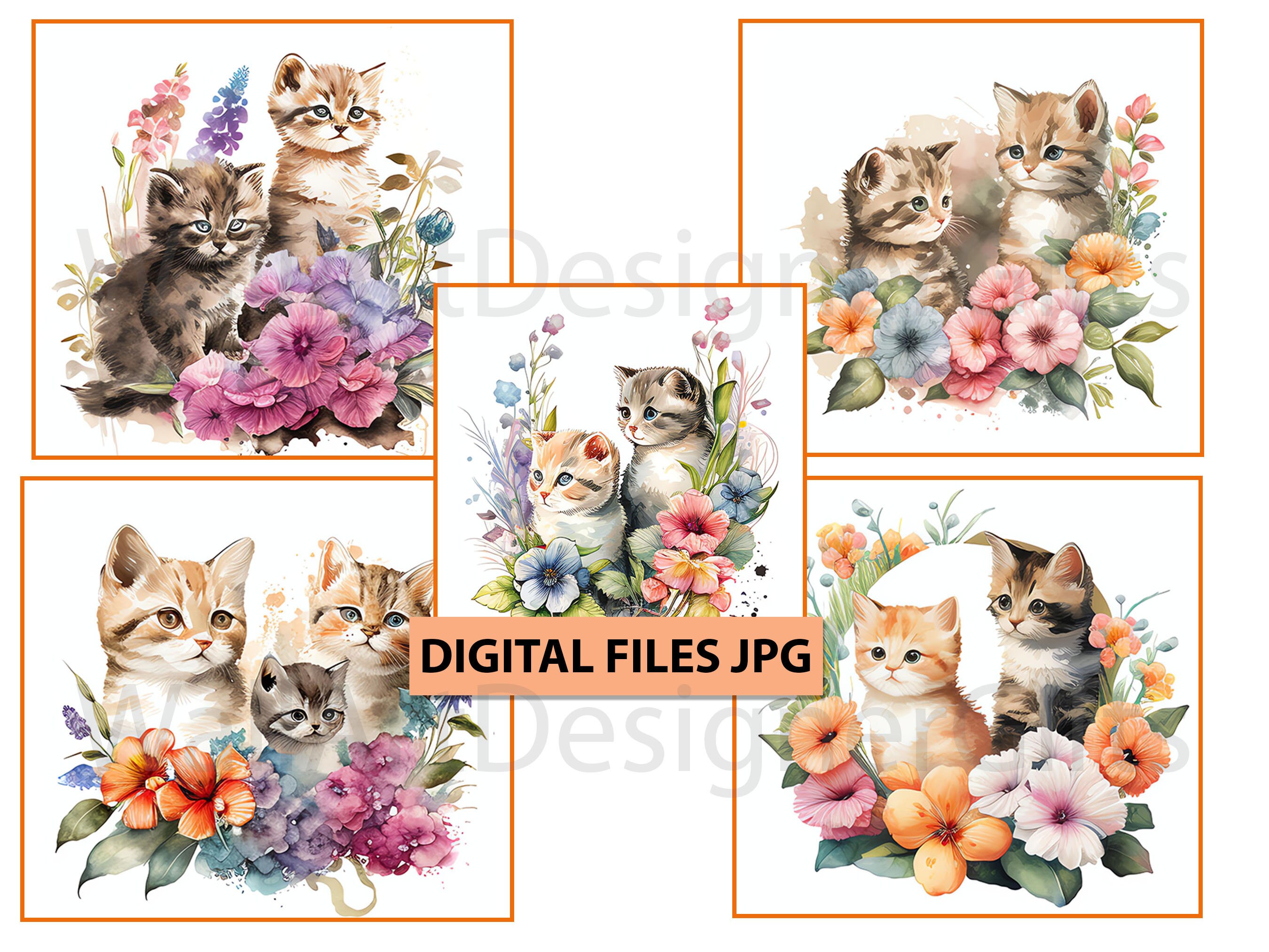 20 Kittens Flowers Clipart JPG Bundle Full Commercial Use - Etsy