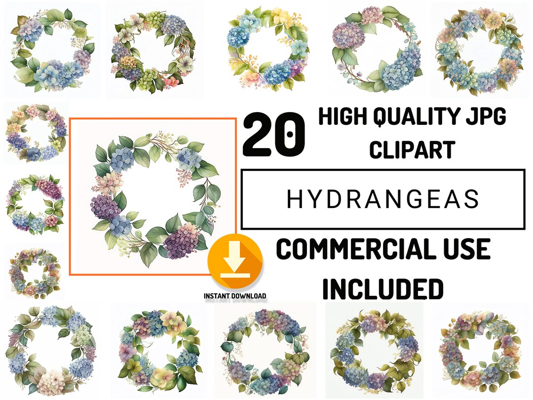Hydrangeas Floral Wreath Clipart 20 Watercolor Flowers JPG Bundle, Full ...