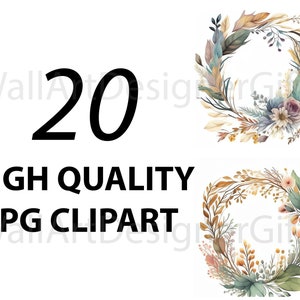 Boho Floral Floral Wreath Clipart 20 Watercolor Flowers JPG Bundle ...