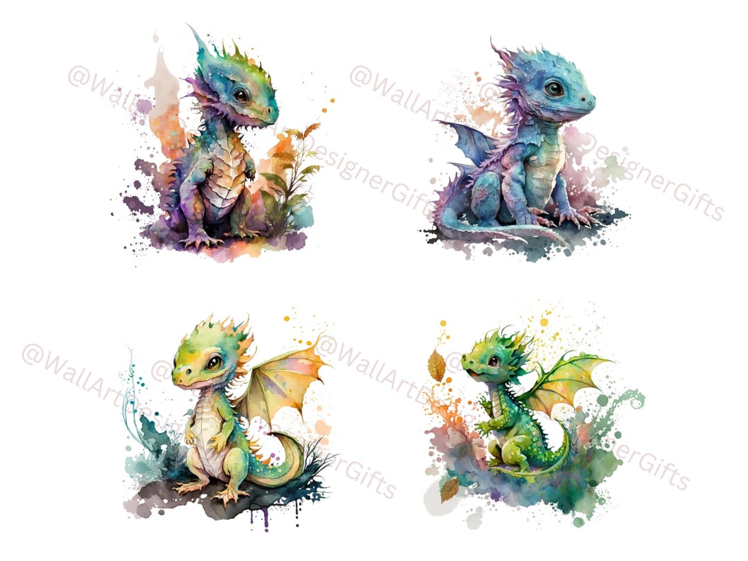 Fantasy Baby Dragons Watercolor Clipart, Baby Dragons Watercolor, Baby ...