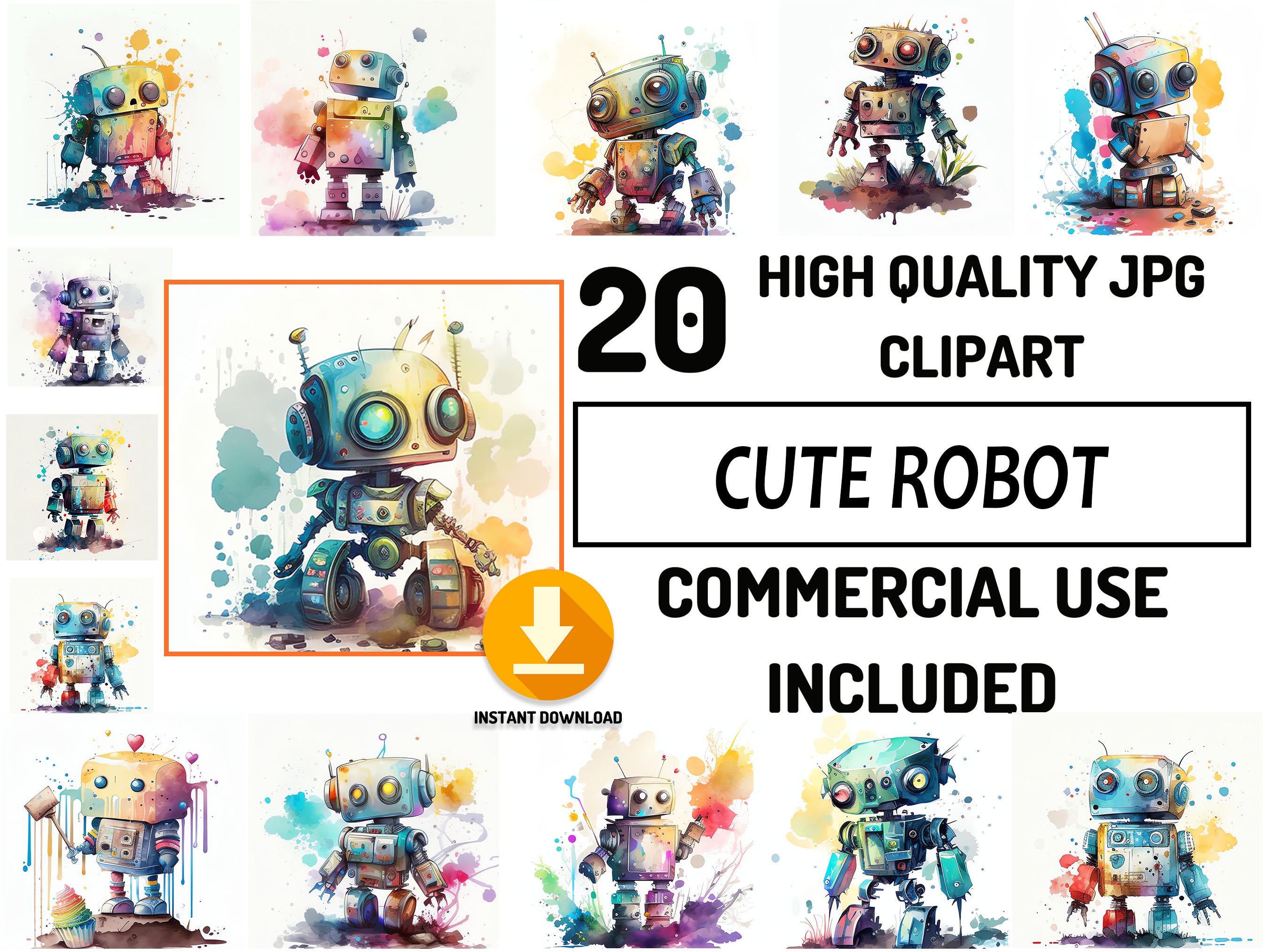 20 Cute Robot Clipart JPG Bundle, Full Commercial Use, Cute Baby Shower ...