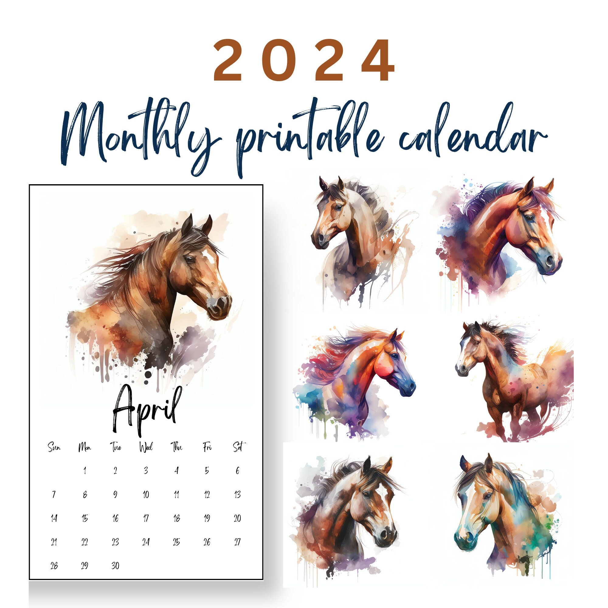 2024 Illustrated Watercolor Horse Calendar | Printable A4 & Letter Size ...