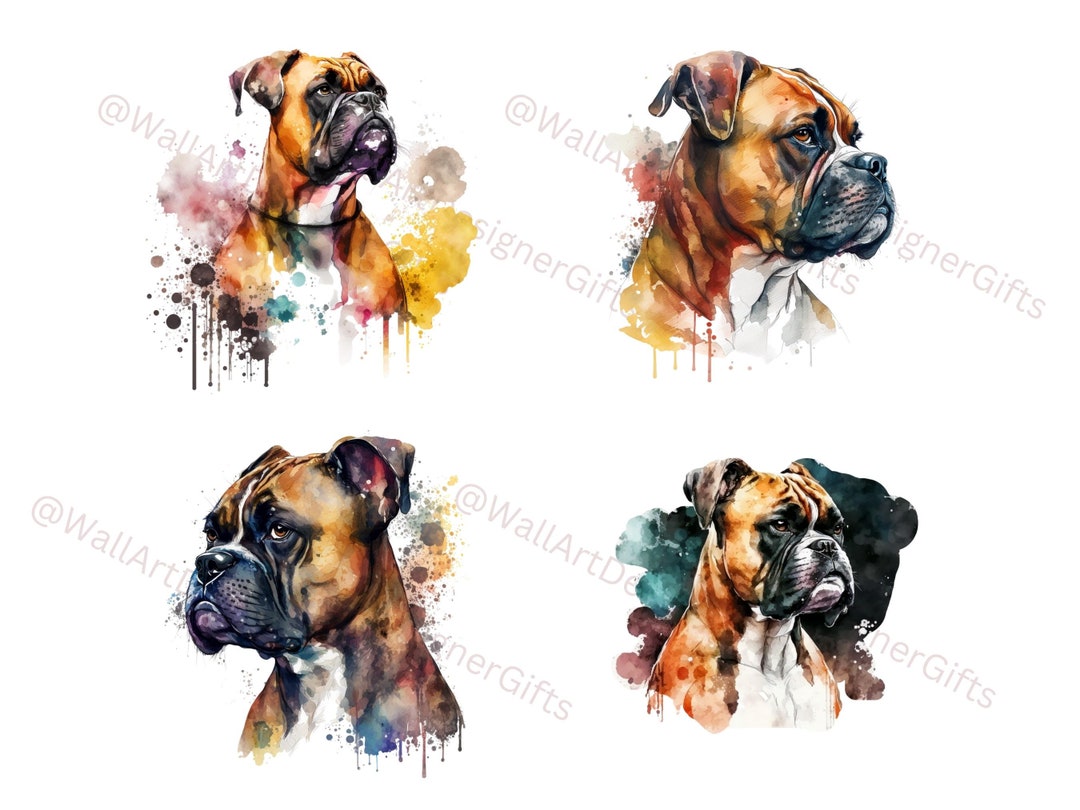 Boxer Doge Watercolor Art Print Clipart, 4 Cute Dog Nursery Decor High ...