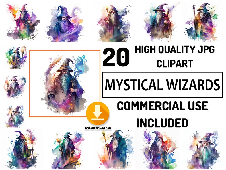 20 Mystical Wizards Clipart JPG Bundle, Full Commercial Use, Graphic ...