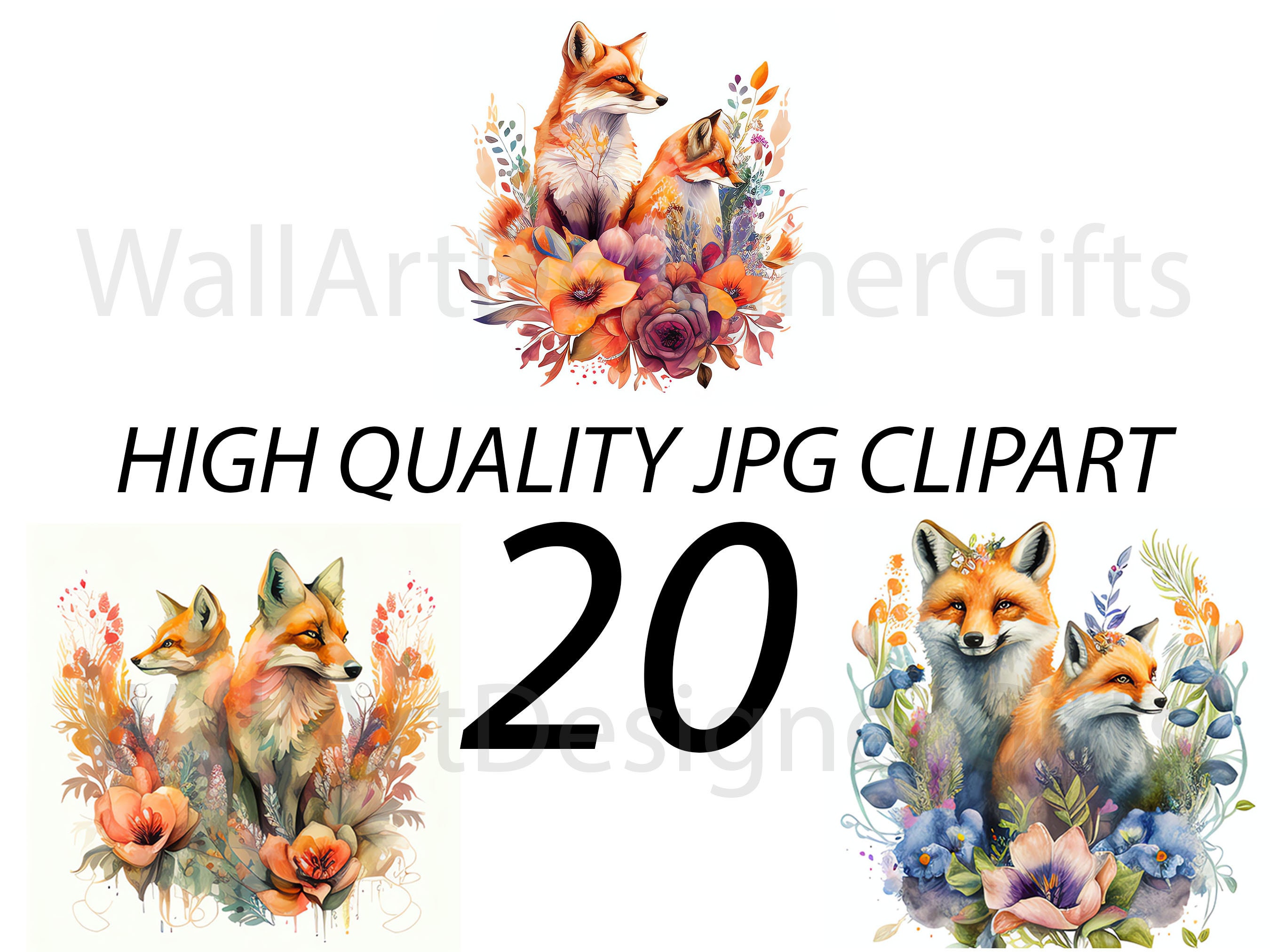 20 Floral Foxes Clipart JPG Bundle, Full Commercial Use, Cute Baby ...