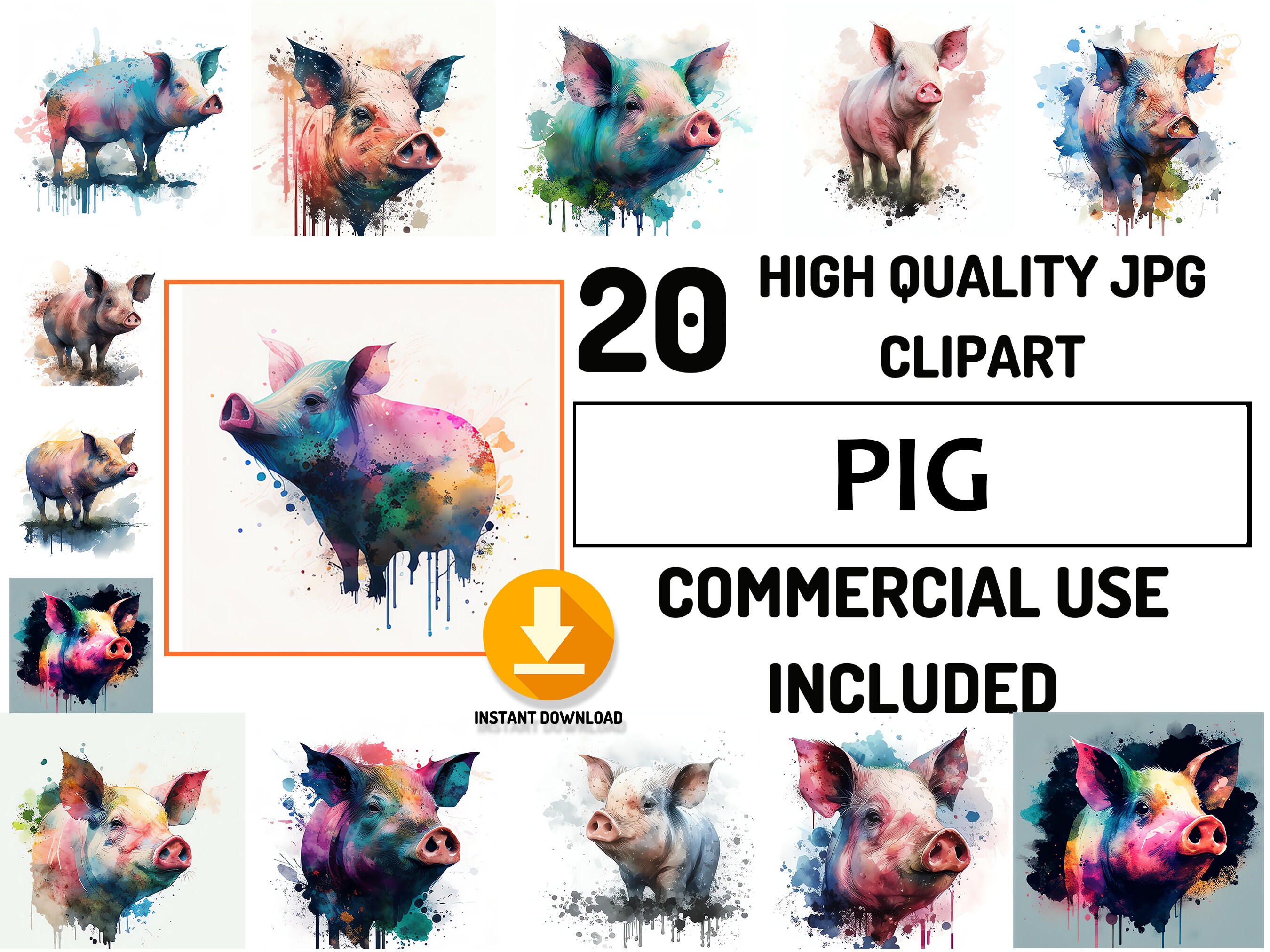 Farm Animals Clipart 20 JPG Pig Bundle, Full Commercial Use, Cute Farm ...