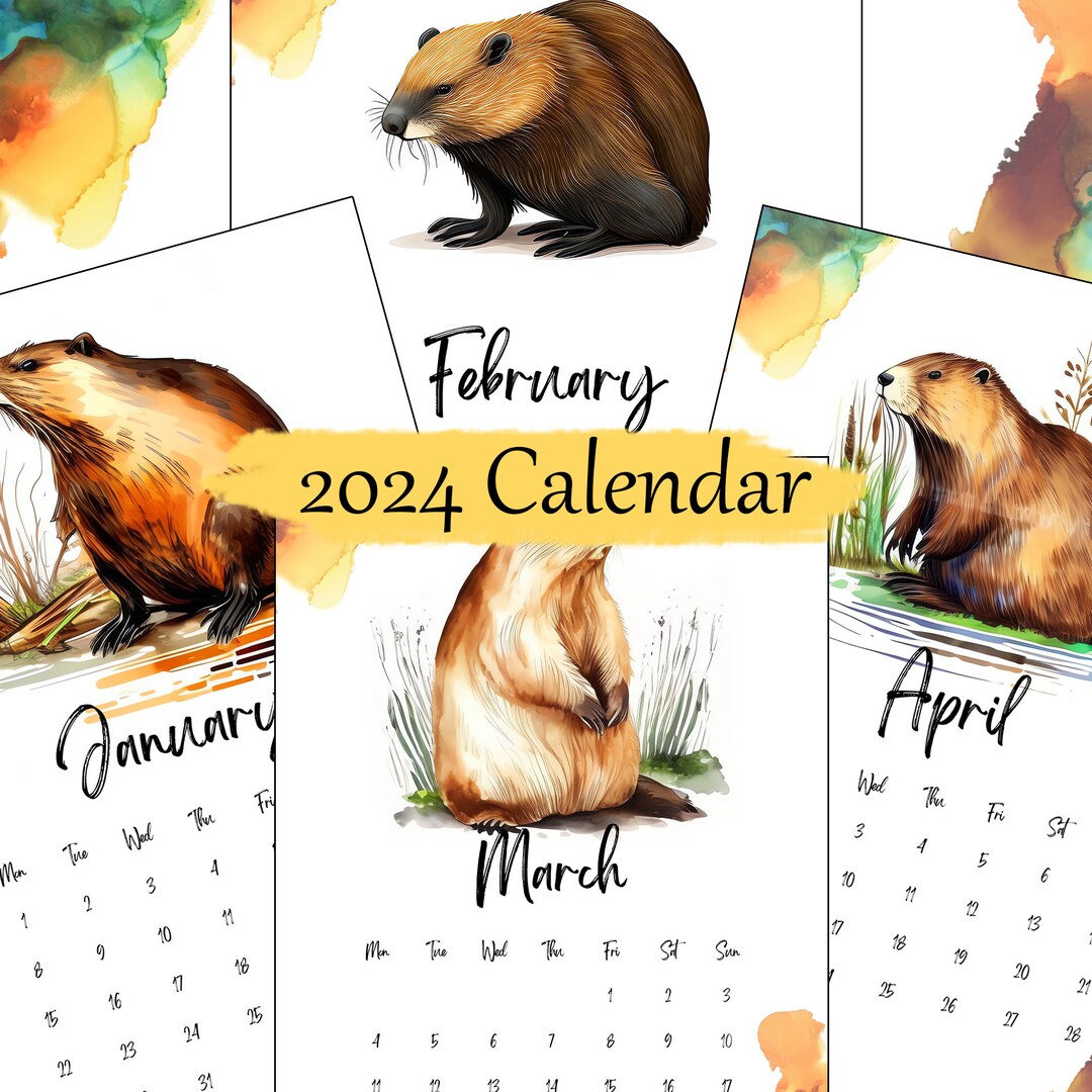 2024 Illustrated Watercolor Beaver Calendar Printable A4 & - Etsy