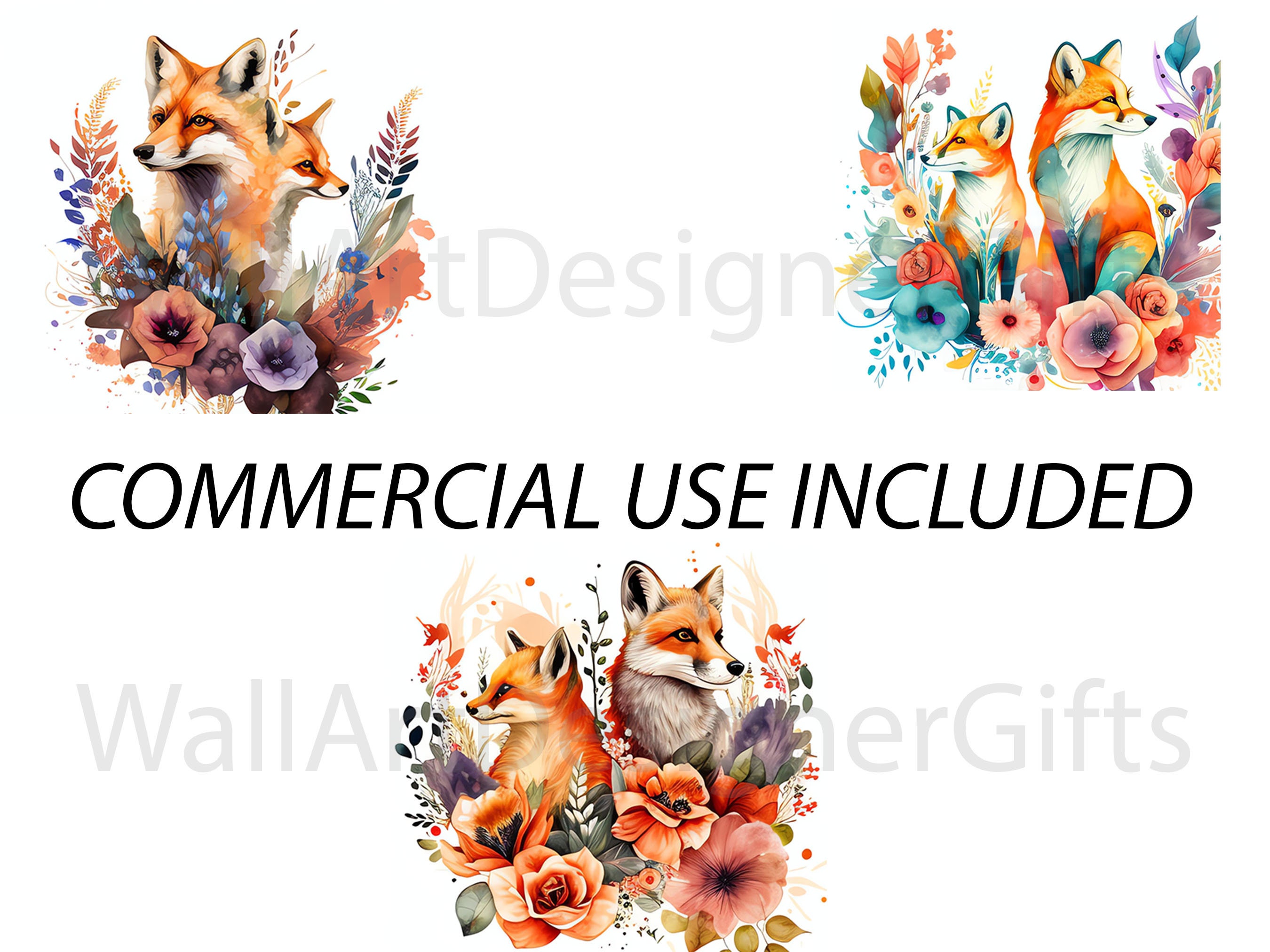 20 Floral Foxes Clipart JPG Bundle, Full Commercial Use, Cute Baby ...