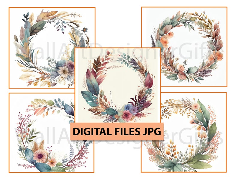 Boho Floral Floral Wreath Clipart 20 Watercolor Flowers JPG Bundle ...