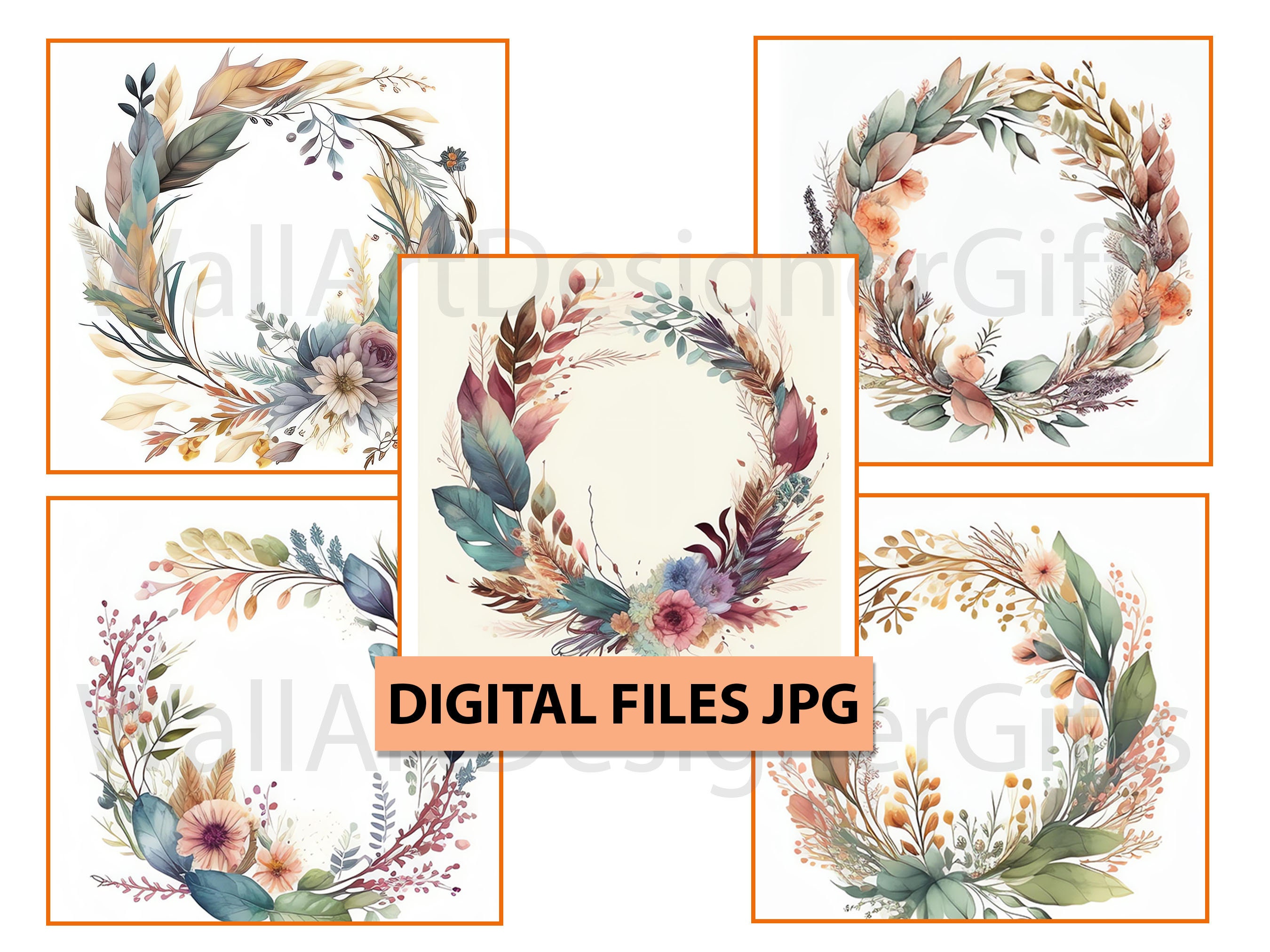 Boho Floral Floral Wreath Clipart 20 Watercolor Flowers JPG Bundle ...